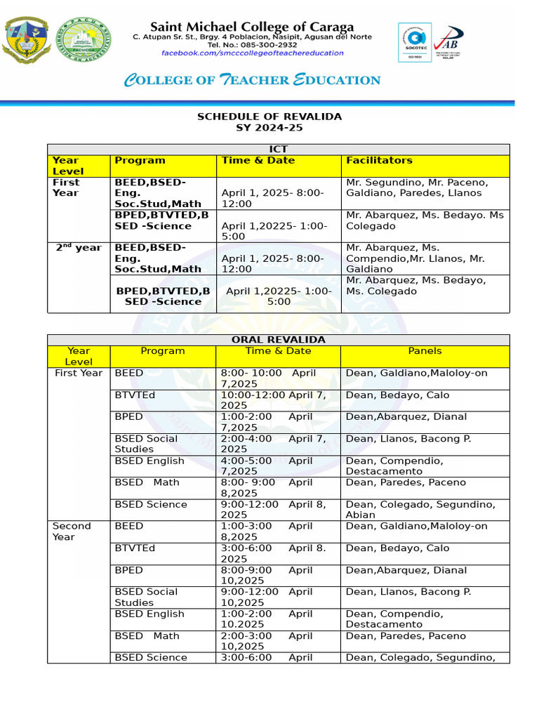 Revalida Schedule SY 2024-25 ICT Programs | PDF