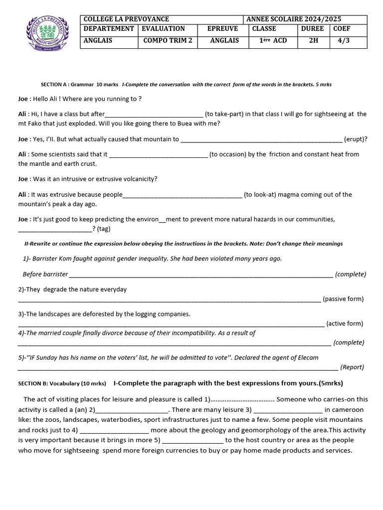 Anglais 1ere ACD Compo 2e Trimestre 2025 | PDF | Climate Change | Greenhouse Effect