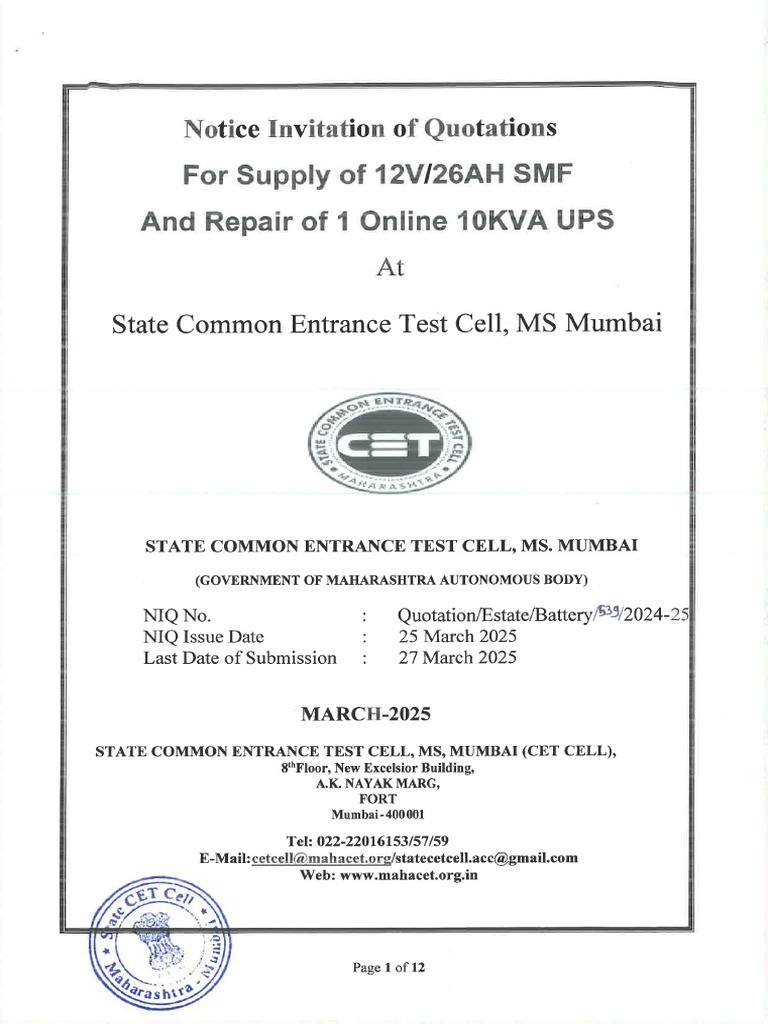 Notice-Invitation-of-Quotations-For-Supply-of-12V26AH-SMF-and-Repair-of-1-Online-10KVA-UPS | PDF