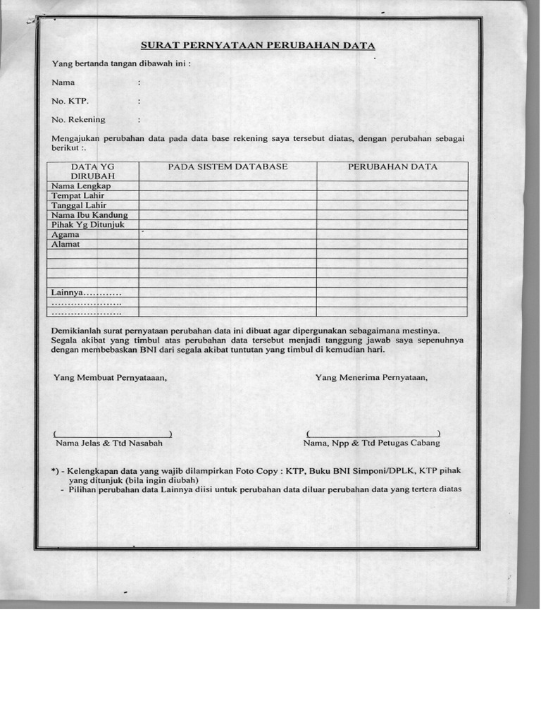 Aplikasi Form Perubahan Data Bank BNI | PDF