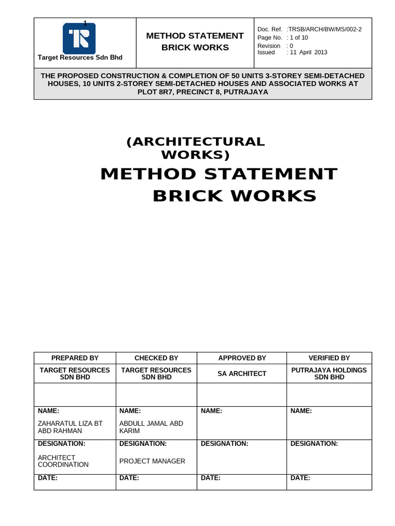 Brick Work Method Statement for Houses | PDF | Brick | Masonry