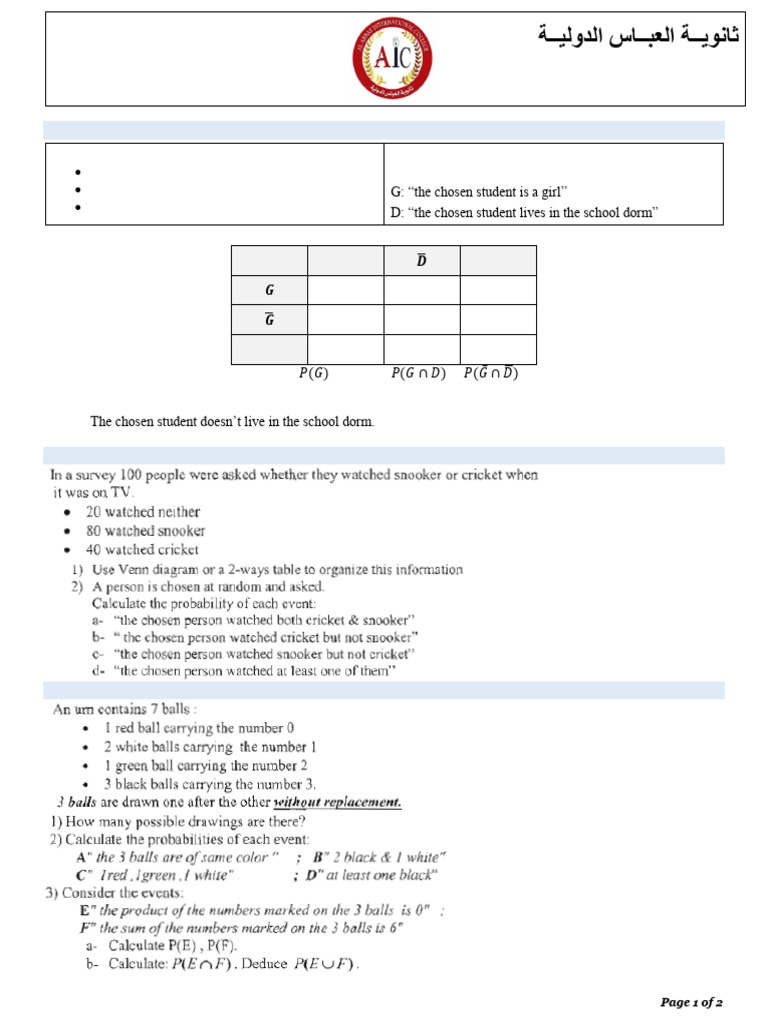 Grade 11 Probability Worksheet | PDF