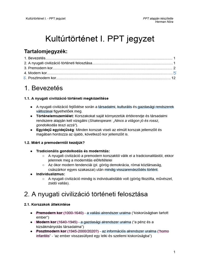 Kultúrtörténet I. Jegyzet | PDF