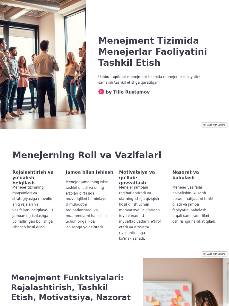 Menejment Tizimida Menejerlar Faoliyatini Tashkil Etish | PDF