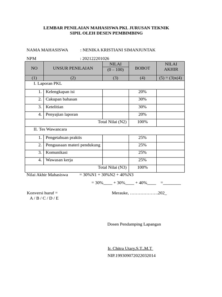 Lembar Penilaian Mahasiswa PKL Jurusan Teknik Sipil Oleh Desen ...