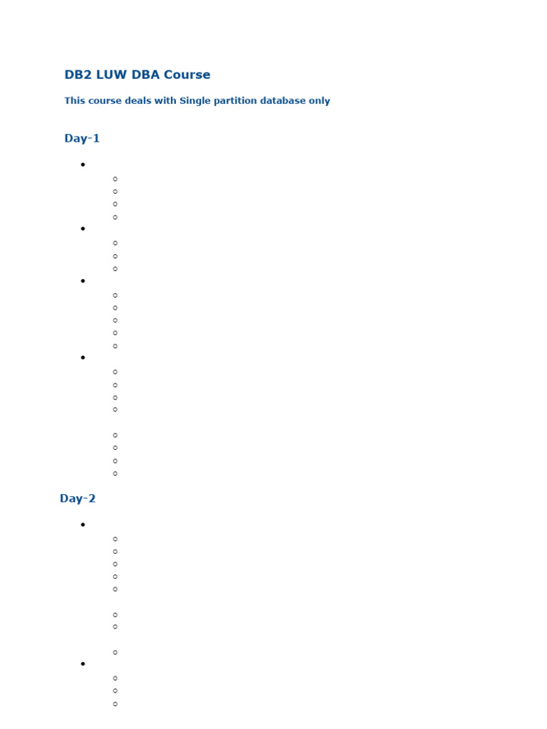 DB2 LUW DBA Course Content - Day - Wise | PDF | Ibm Db2 | Databases