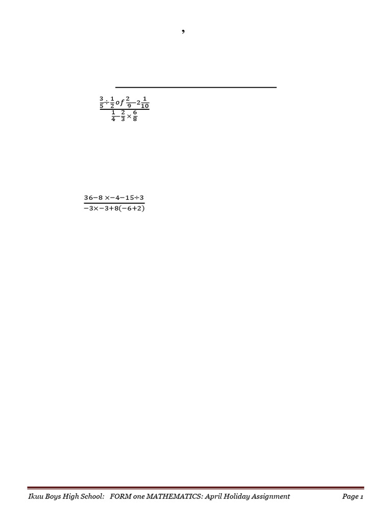 April 2024 Holiday Assignment (Mathematics) Assignments - Form 1 - Mathematics | PDF ...