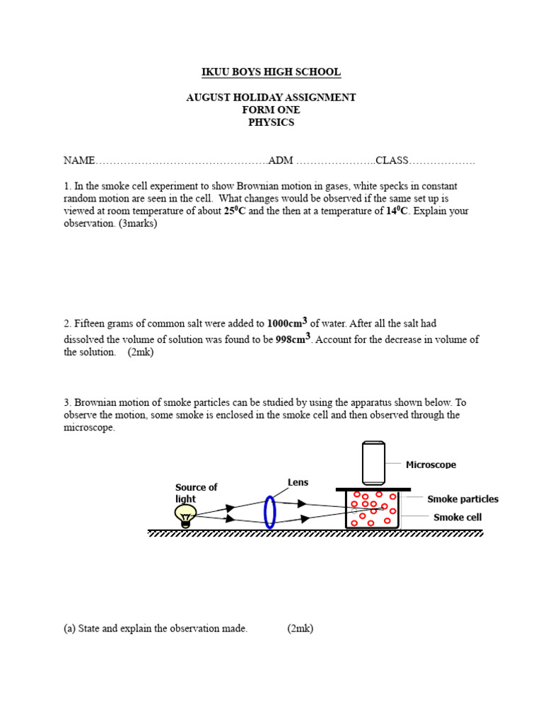 August Physics Assignment Assignments - Form 1 - Physics | PDF | Pressure | Thermometer