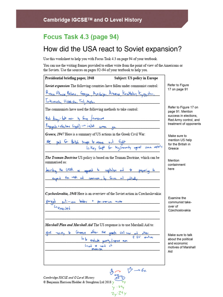 Worksheet - Focus Task 4.3 - How Did The USA React To Soviet Expansion ...