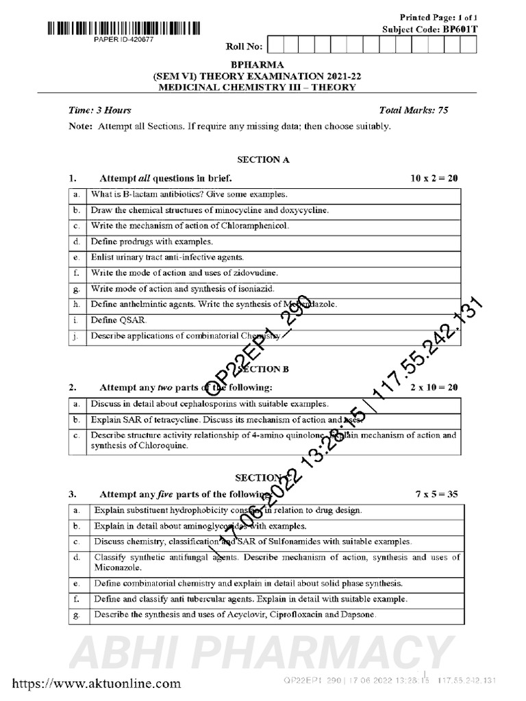 B Pharmacy 6th Sem Exam Question Papers | PDF | Pharmacokinetics ...