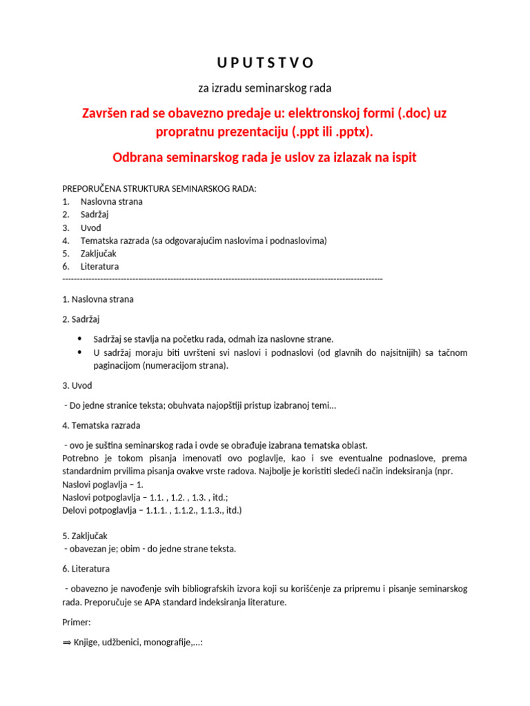 Uputstvo Za Seminarski Rad | PDF