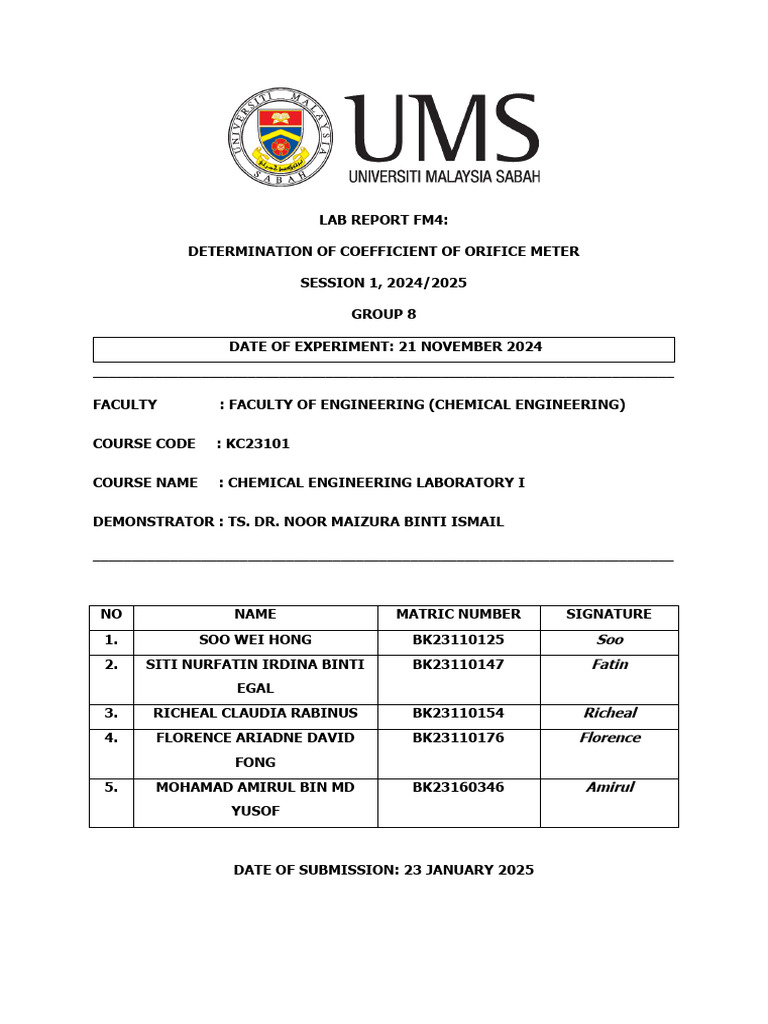 G8 FM4 Determination of Coefficient of Orifice Meter (1) | PDF | Flow ...