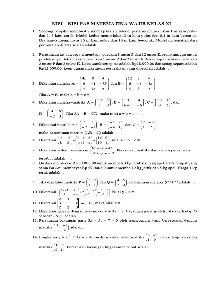 Kisi-kisi PAS Matematika Semester Ganjil 2022 | PDF