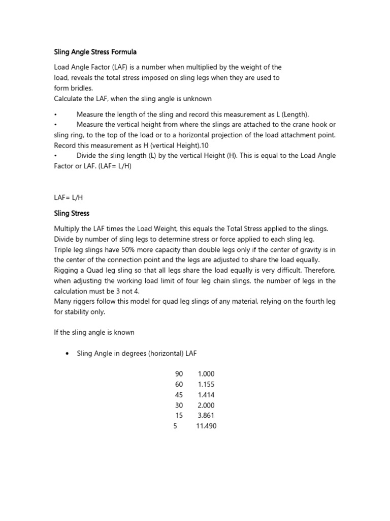 Sling Angle Stress Formula | PDF | Stress (Mechanics) | Crane (Machine)