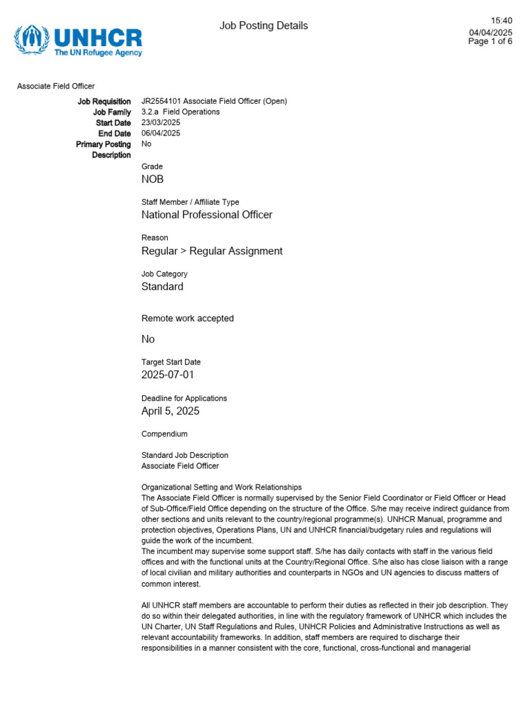 Associate Field Officer Job Posting | PDF | United Nations High ...