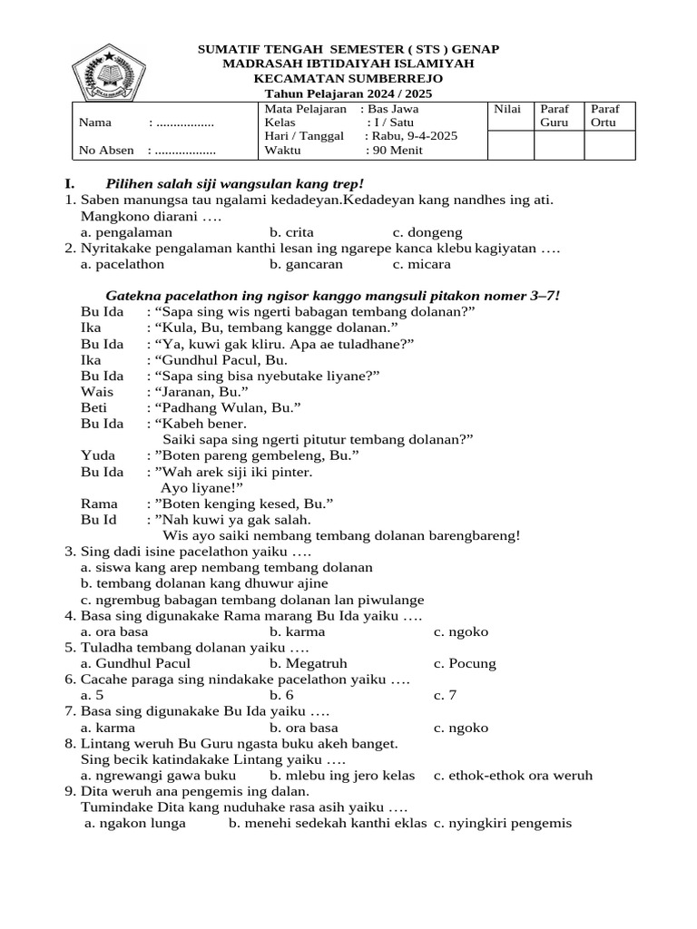 STS B.jawa Kelas 1 Genap | PDF