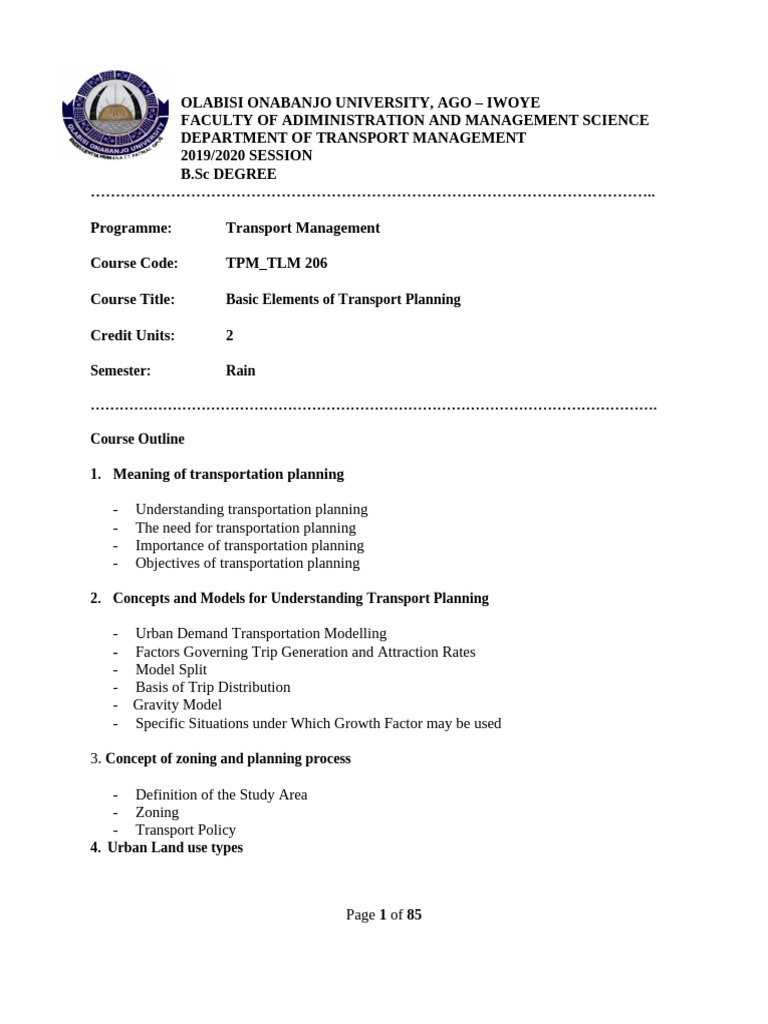 Basics of Transport Planning Course Outline | PDF | Transport | Utility