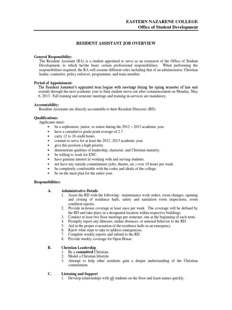 RA Job Description 2012 | PDF | Academia | Wellness