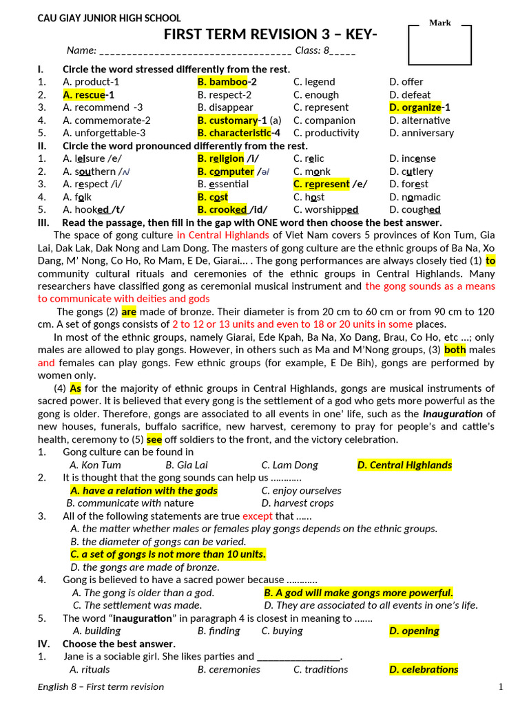 KEY- FIRST TERM REVISION 3 (edited) | PDF
