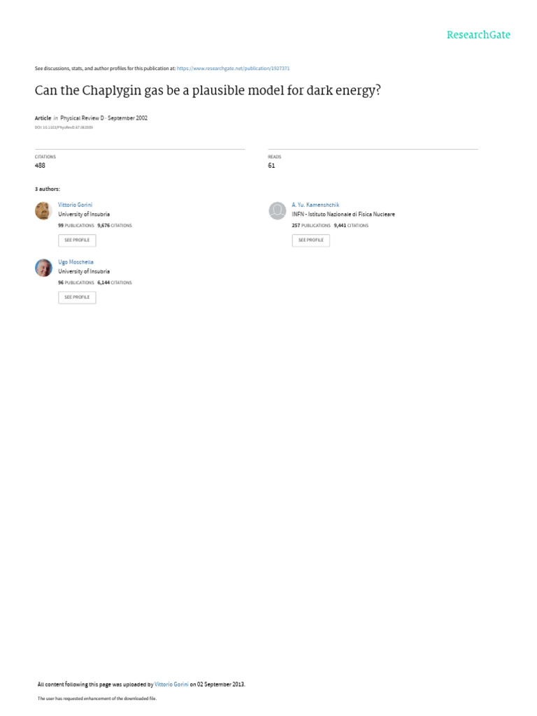 Can the Chaplygin Gas Be a Plausible Model for Dark Energy | PDF | Physical Cosmology | Universe