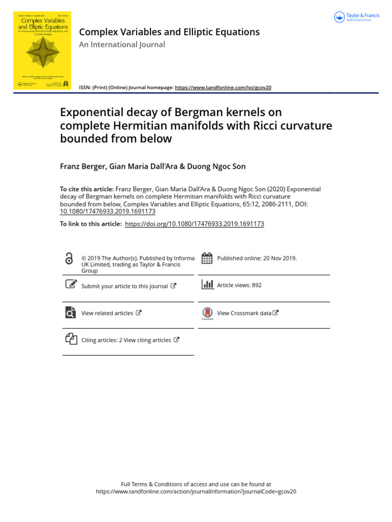Exponential Decay of Bergman Kernels On Complete Hermitian Manifolds ...