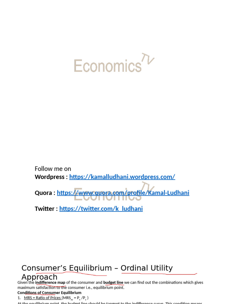 Lecture 6 - Consumer's Equilibrium Ordinal Utility Approach | PDF | Utility | Consumer Behaviour