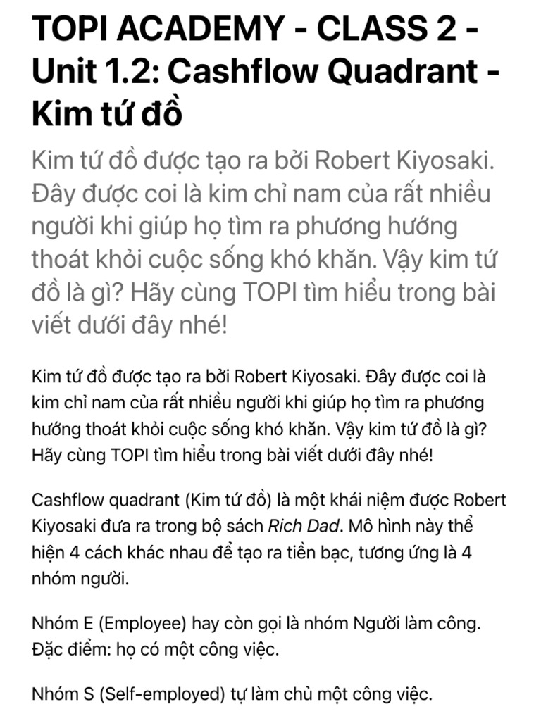 TOPI ACADEMY - CLASS 2 - Unit 1.2: Cashflow Quadrant - Kim Tứ Đồ | PDF