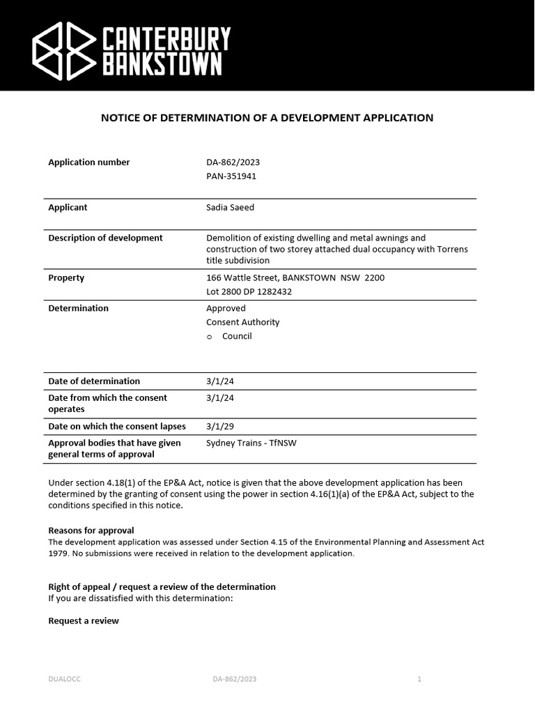 Da Notice of Determination - 166 Wattle Street Bankstown - Lot 2800 ...
