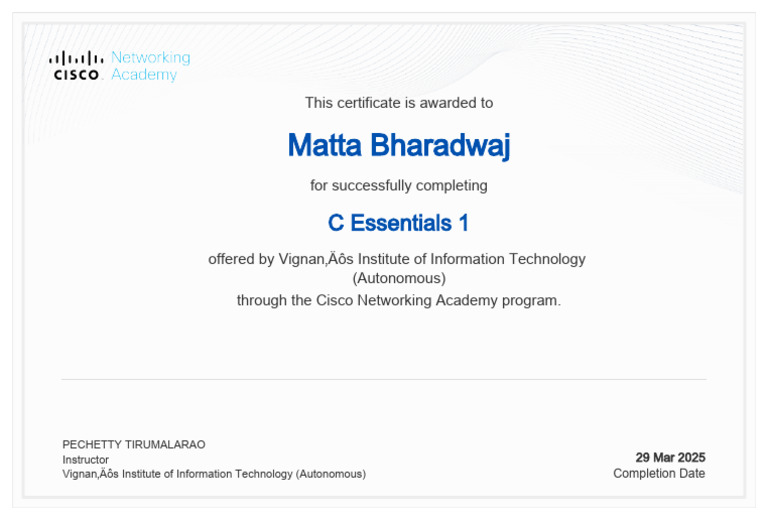 C Essentials 1 Completion Certificate | PDF