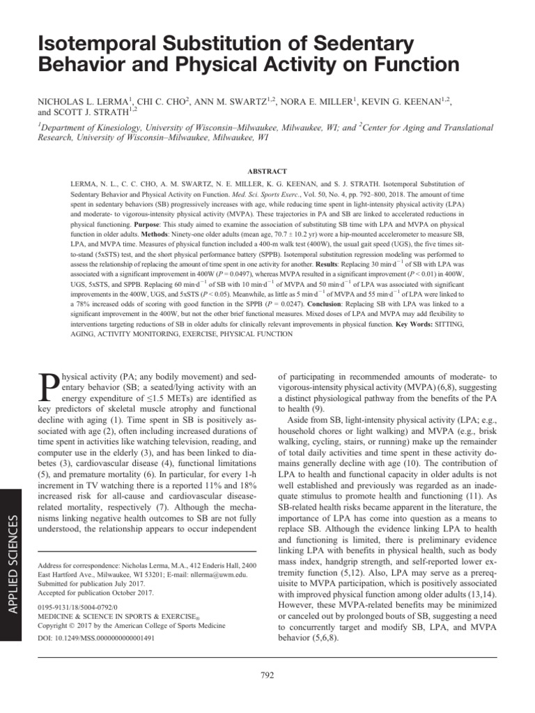 Isotemporal Substitution Of Sedentary Pdf Statistics Regression Analysis