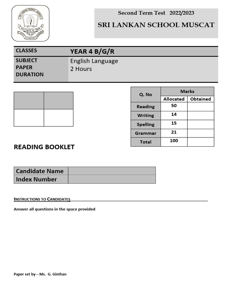 Grade 4 English Term 2 Test Papers | PDF | Dolphin | Zoology