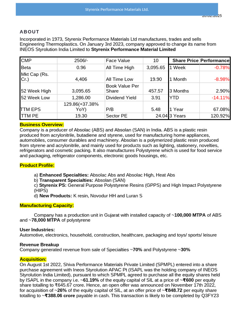 Styrenix Performance Materials LTD | PDF | Economies