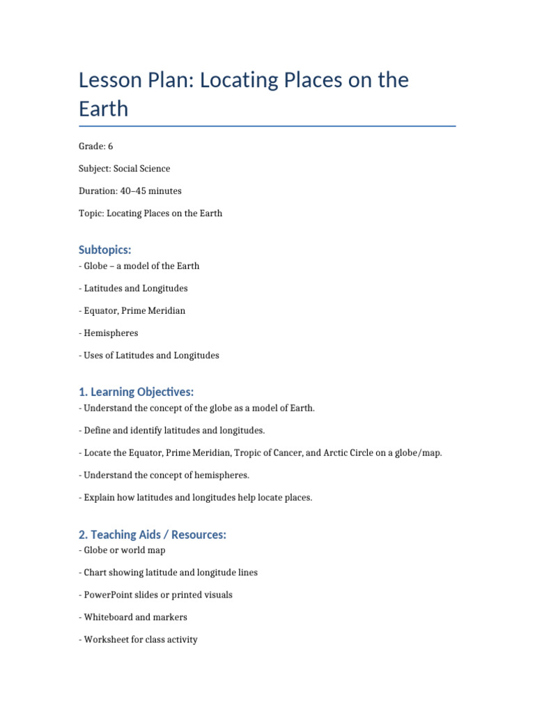 Grade 6 Lesson Plan Locating Places On Earth | PDF | Latitude | Longitude