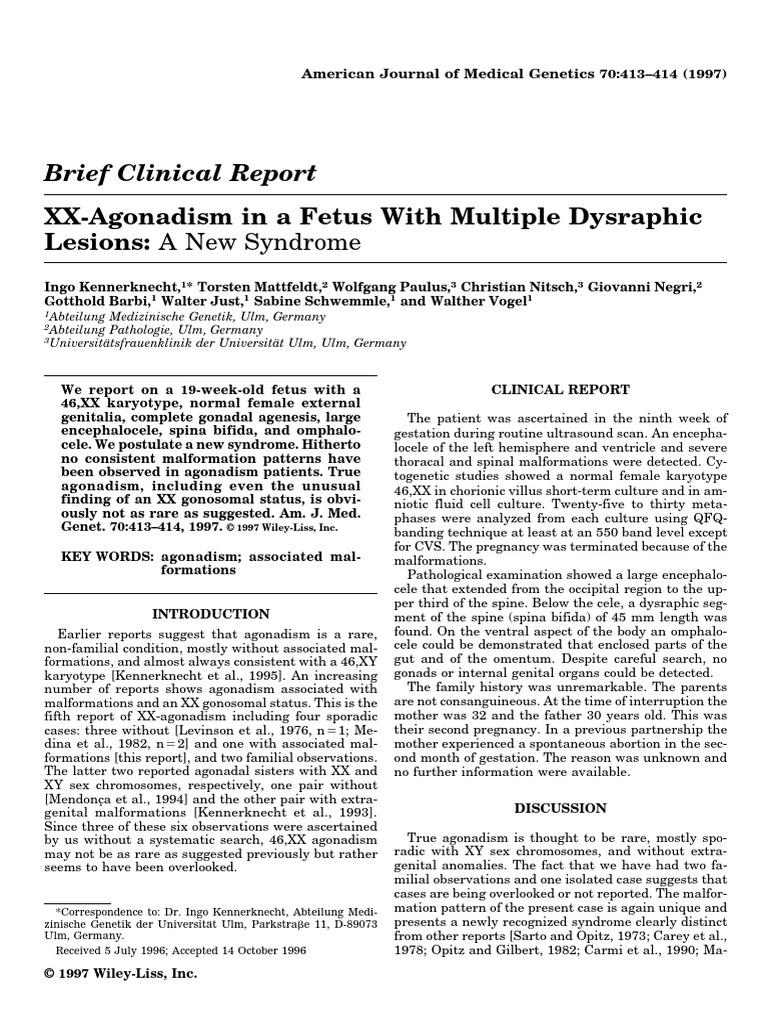 XX-Agonadism in A Fetus With Multiple Dysraphic Lesions: A New Syndrome ...