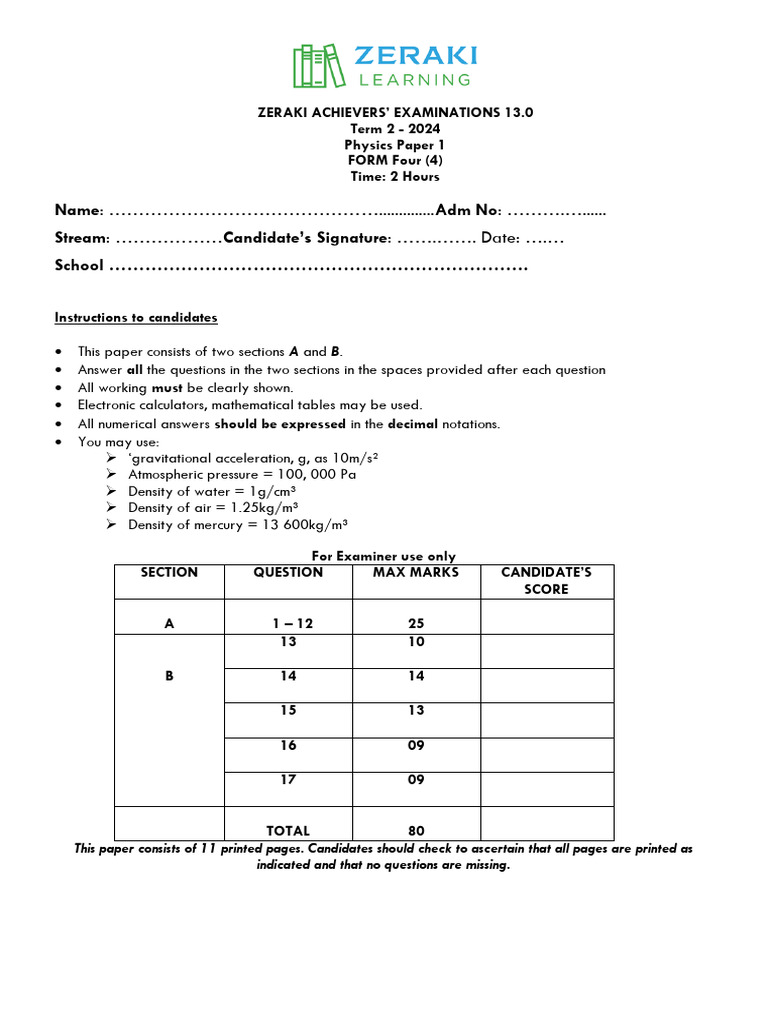 Paper 1 Question Paper Zeraki Achievers 13.0 - July 2024 | PDF | Force ...
