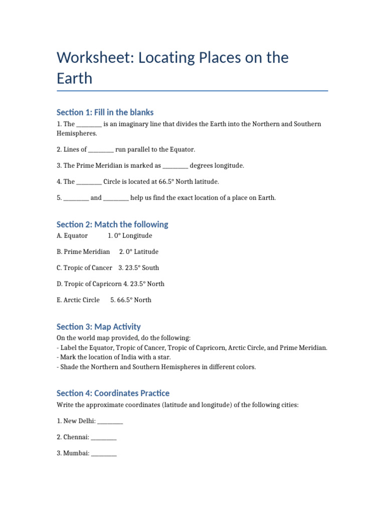 Locating Places on Earth Worksheet | PDF
