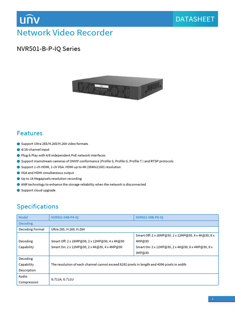 UNV NVR501-B-P-IQ Series Network Video Recorder | PDF | Hdmi | Ip Address