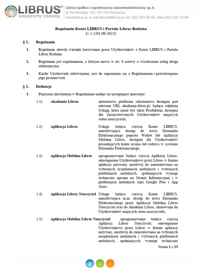 Regulamin Konta LIBRUS I Portalu Librus Rodzina v1.2 | PDF