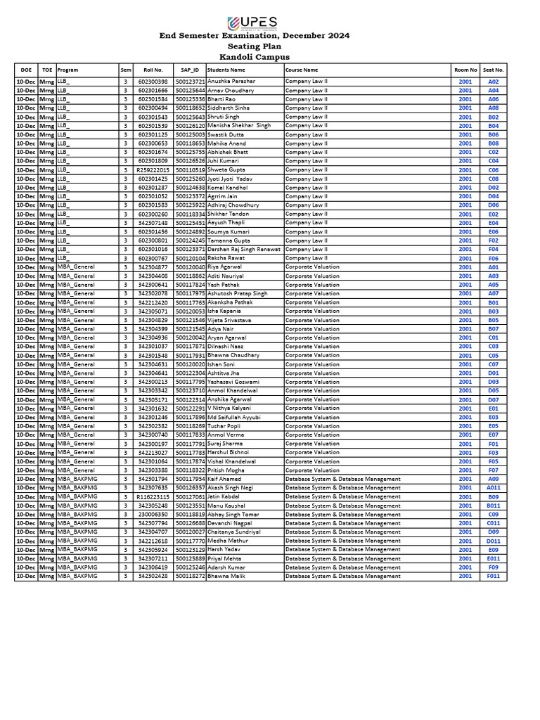 Seating Plan - 10 To 13 12-2024 - End Semester Examination Dec 2024 | PDF