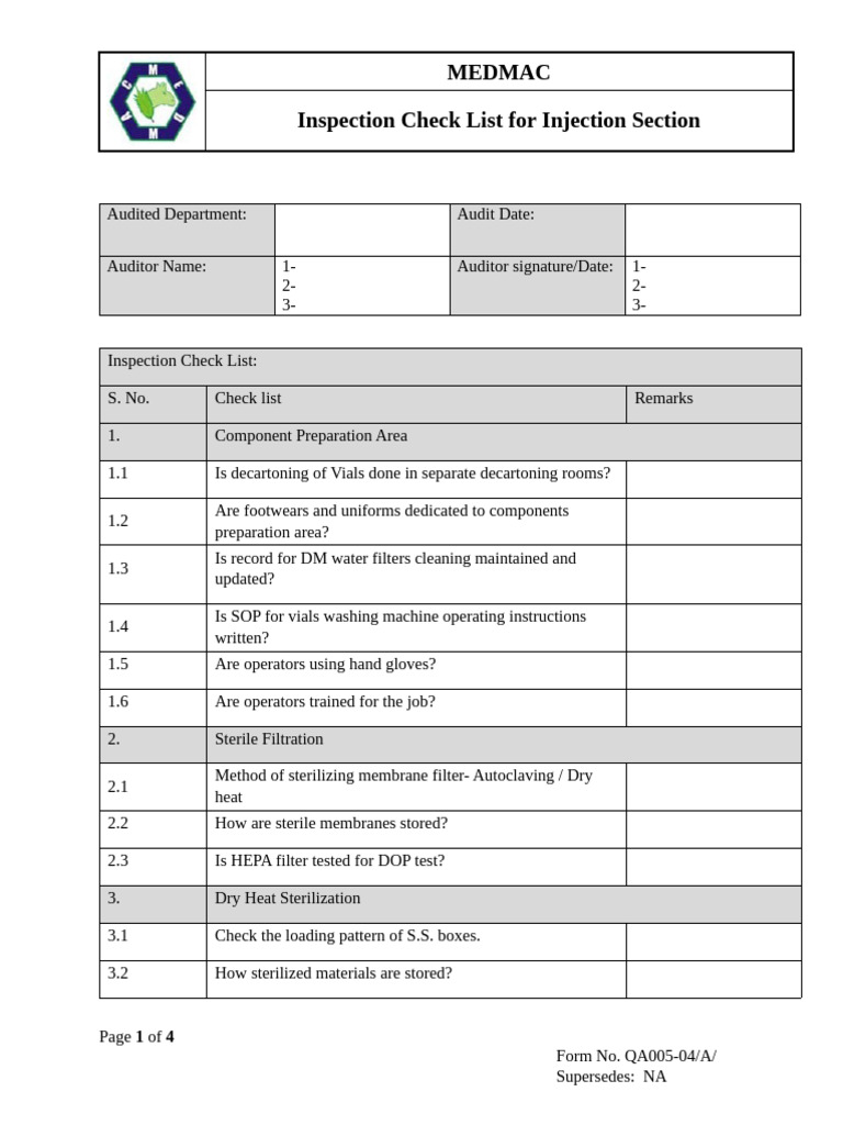 QA005-04-Inspection Check List For Aseptic Section | PDF ...