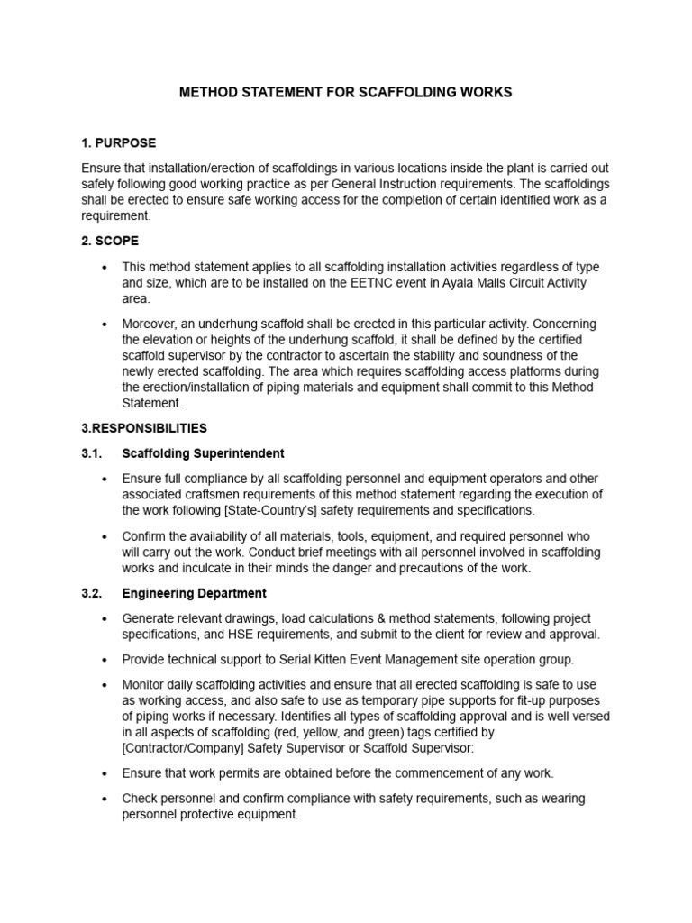 METHOD STATEMENT FOR SCAFFOLDING WORKS | PDF | Scaffolding | Equipment