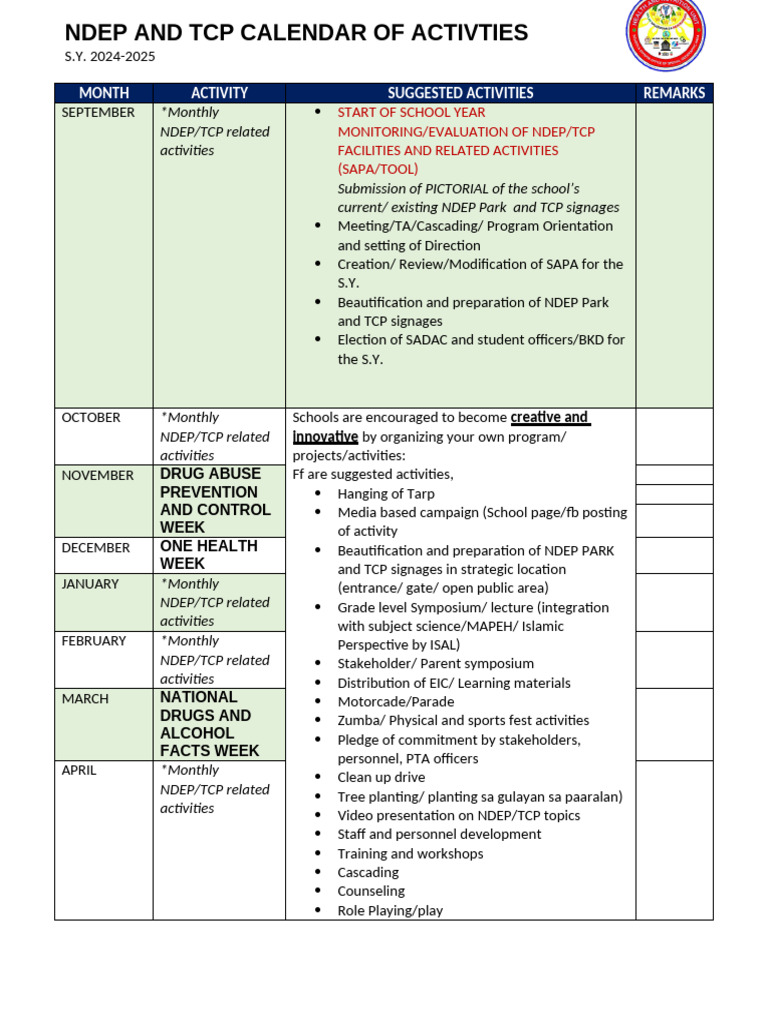 NDEP TCP Calendar 2024 2025 | PDF