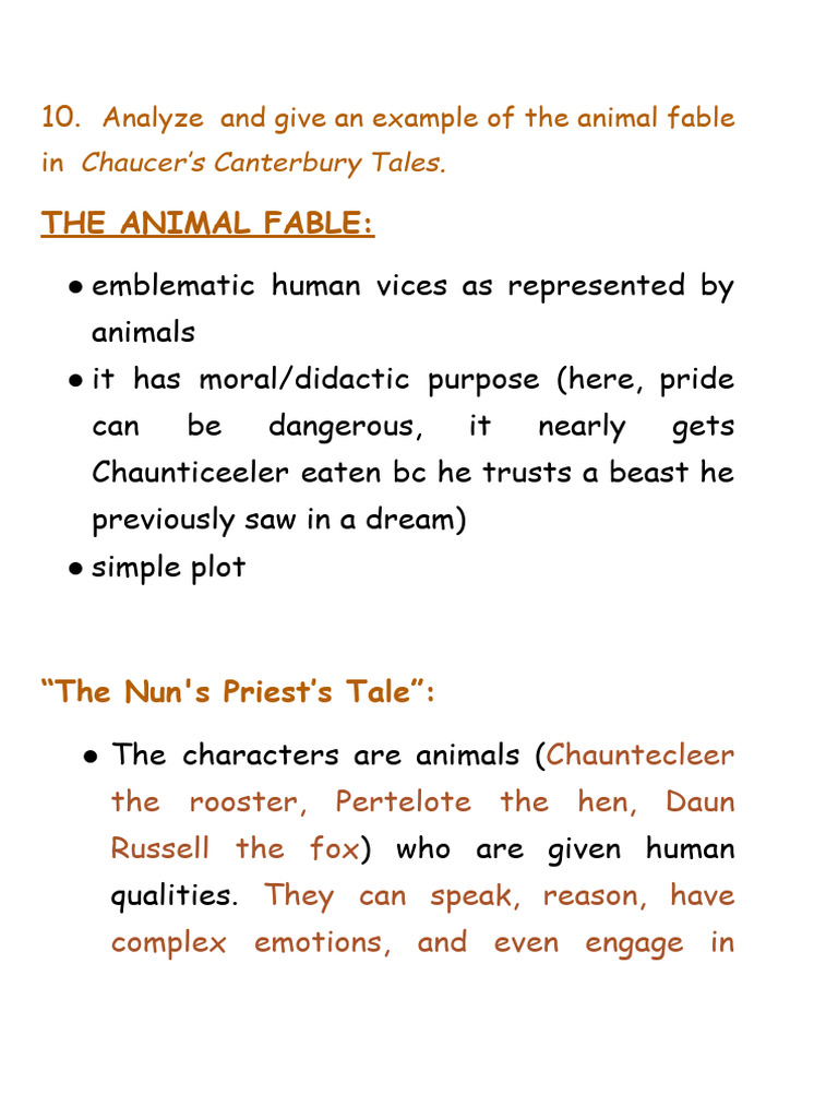 Analyze and give an example of the animal fable in Chaucer ’s ...
