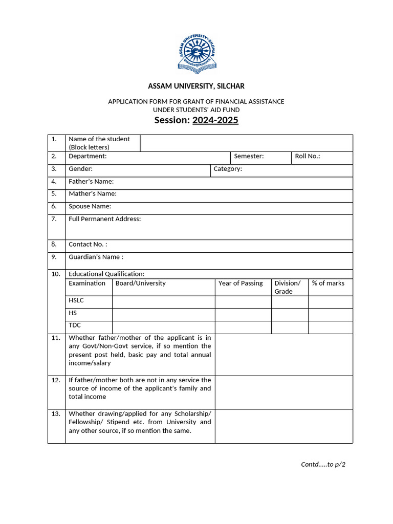 Assam University Student Aid Fund Application | PDF