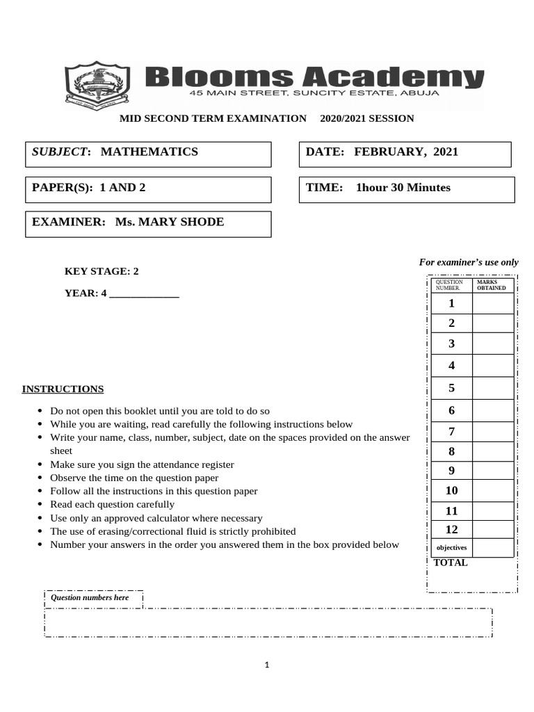 Year 4 Mathematics Mid-Term Exam 2021 | PDF | Mathematical Notation ...