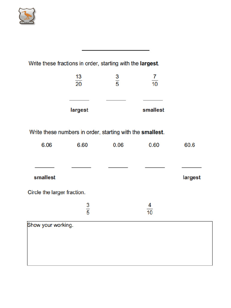 Year 6 Collective Sheet 4 Order Fraction | PDF