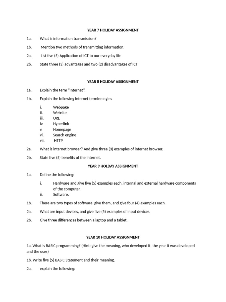 Holiday Assignment For All Classes | PDF