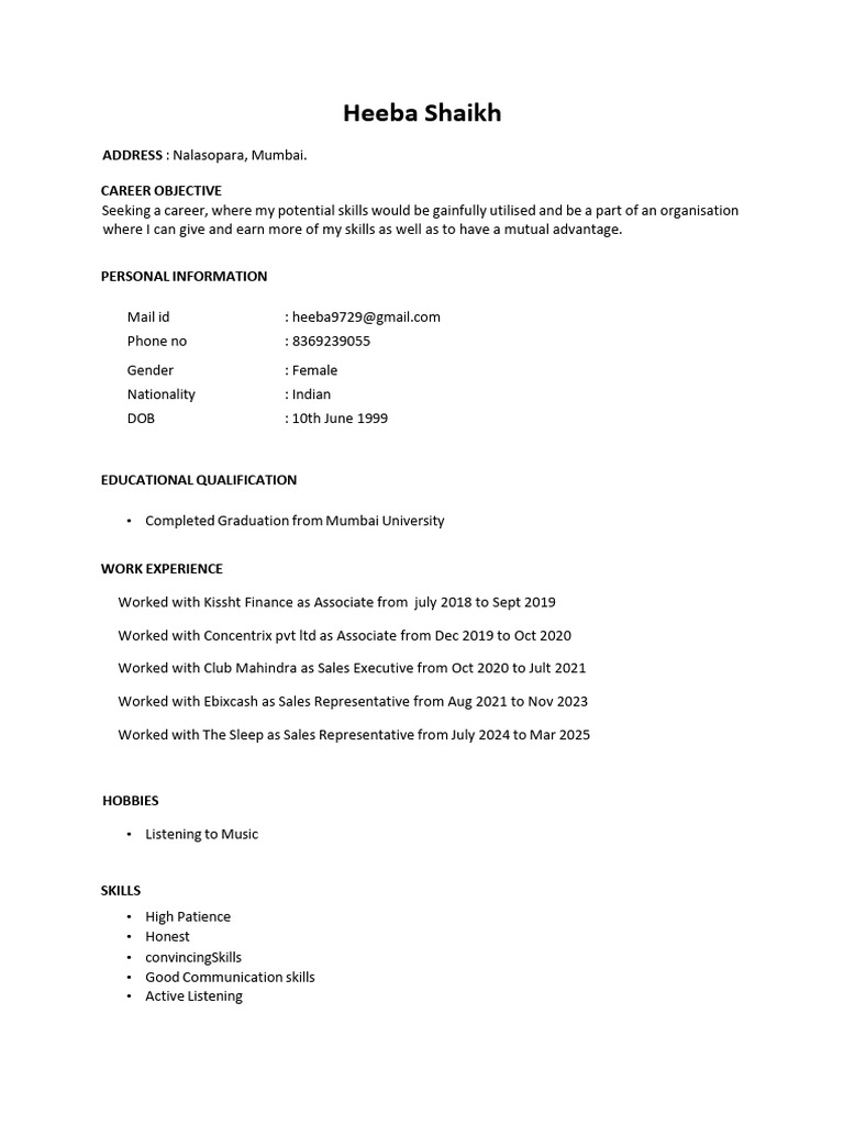 Heeba Shaikh's Professional Profile | PDF