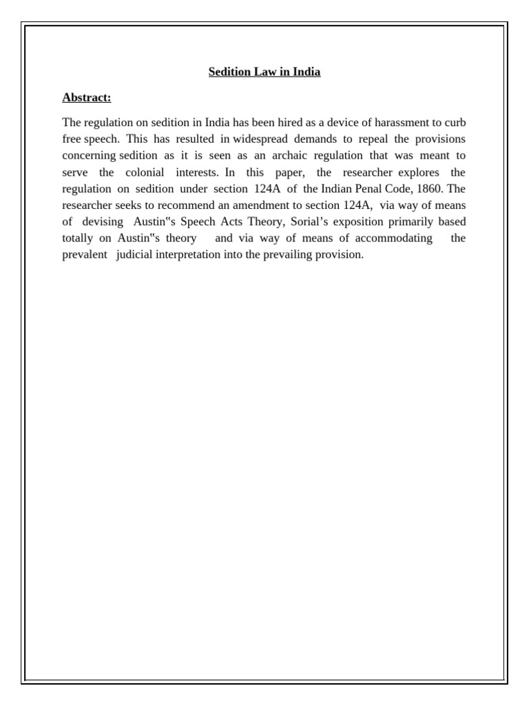 Sedition Law in India Research Paper | PDF | Crimes | Crime & Violence