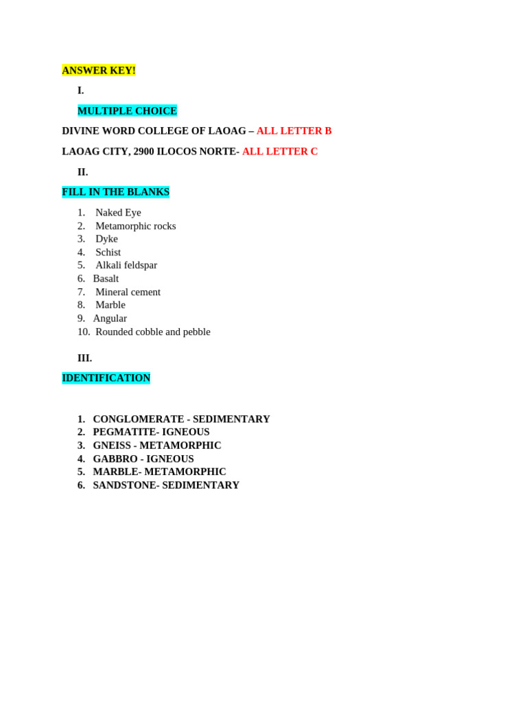 Geology Exam Answer Key | PDF